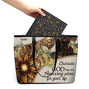 Jesuspirit - Large Shoulder Bag With Changing Name - God Has An Amazing Plan For Your Life - Personalized Faux Leather Tote Bag With Strap - Worship Gift For Sister, Aunt, Daughter - Hummingbird & Flower