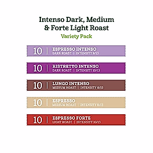 Amazon Fresh Intenso Dark, Medium & Forte Light Roast Aluminum Capsules, Variety Pack, Compatible with Nespresso Original Brewers, 50 Count (5 Packs of 10)