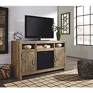Signature Design by Ashley Sommerford Rustic Solid Pine Wood TV Stand Fits TVs up to 60", 2 Cabinets, 3 Storage Cubbies, 2 Adjustable Shelves, Brown
