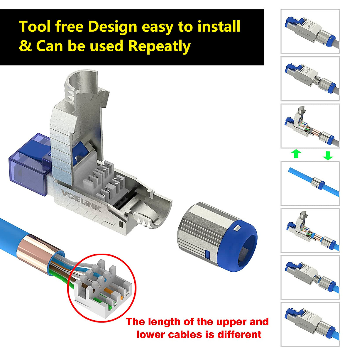 VCELINK RJ45 Cat6A Connectors Tool-Free, Zinc Alloy Shielded Ethernet Termination Plugs for 23AWG SFTP Cables, 10Gbps Easy Internet Plug, Fast Field Installation 2-Pack