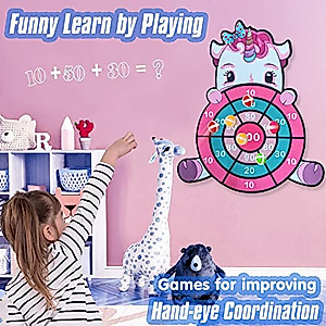 25" Kids Large Unicorn Dart Board with 16 Sticky Balls, Indoor Outdoor Multi-Player Sport Party Game, Cartoon Animal Dart Board Unicorn Toy Gift for Kids 3 4 5 6 7 8 9 10 Years Toddler Boys Girls