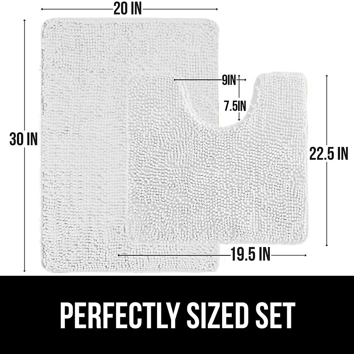 Gorilla Grip Area Rug Set and Bath Rug, Area Rug Set Size 22 x 19 x 15 in, Absorbent Washable Mats, Bath Rug Size 44 x 26 in, Shaggy Machine Washable Mats, Both in White, 2 Item Bundle