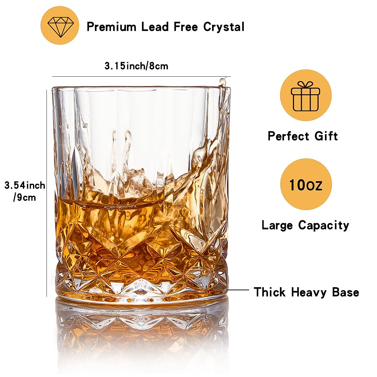 GLASKEY Whiskey Glasses Set of 4,Rock Glasses,10 oz Lead-Free Crystal Scotch Glasses,Old Fashioned Glass for Bourbon,Cognac,Irish Whisky,Personalised Whisky Glass Gift Set for Men,Dad,Brother