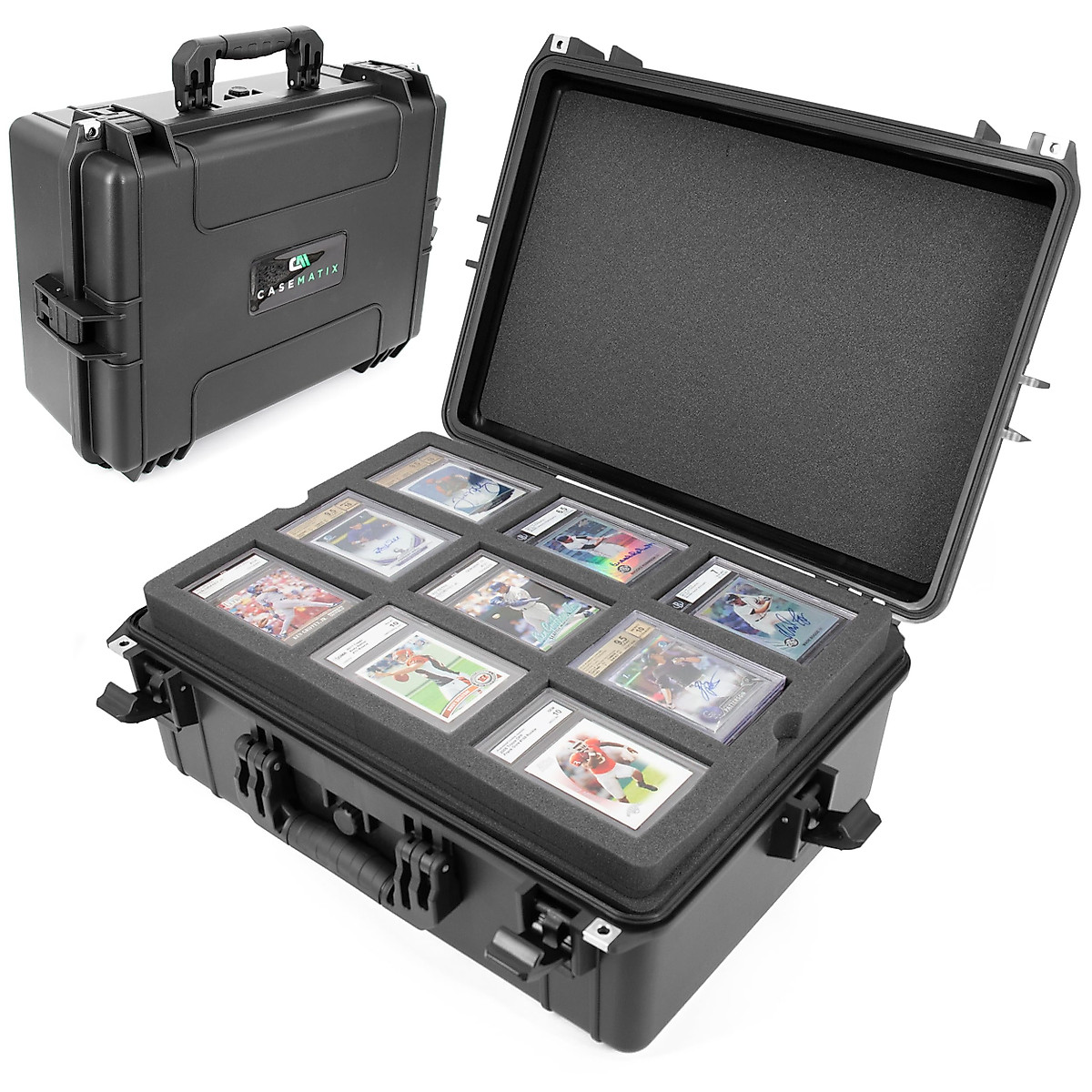 CASEMATIX XL Graded Card Storage Box Fits 160+ BGS PSA Graded Cards, Waterproof Graded Sports Card Display and Trading Card Case With Custom Foam Card Dividers and Removable Graded Card Display