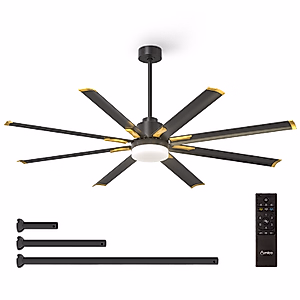 Amico Ceiling Fans with Lights, 72 Inch Indoor/Outdoor Large Industrial Ceiling Fan with Remote Control, Reversible, 8 Aluminum Blades, 3CCT, Dimmable, Damp Rated Black Ceiling Fan for Bedroom Patio