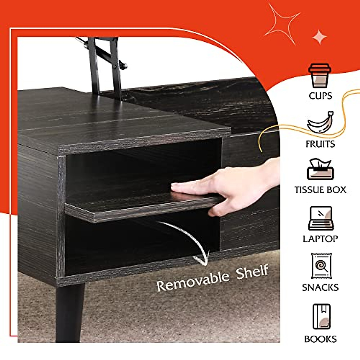WLIVE Wood Lift Top Coffee Table with Hidden Compartment and Adjustable Storage Shelf, Lift Tabletop Dining Table for Home Living Room, Office, Charcoal Black