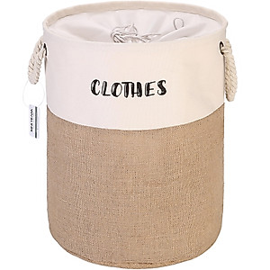 Sea Team Jute and Canvas Storage Basket with Cotton Rope Handles and Drawstring Closure, Collapsible, Lightweight Laundry Hamper for Home - 46.8L Capacity