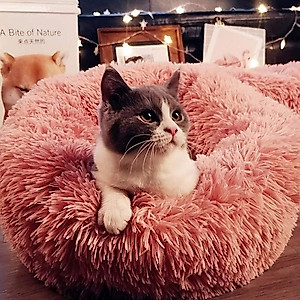 otoez Kitten Puppy Bed Extra Small XS Round Dog Cat Beds Anti Anxiety Plush Pet Calming Donut Bed with Non-Slip Waterproof Bottom, Washable (15.7", Pink)