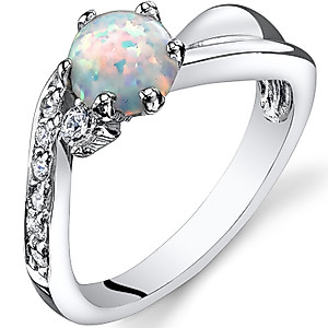 PEORA Created White Fire Opal Ring for Women 925 Sterling Silver, Love Wave Solitaire, Round Shape, Comfort Fit, Size 6