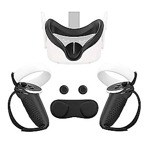 Vakdon Controller Grips Cover Compatible with Oculus Quest 2, 6in1 Quest 2 Accessories, with Silicone Face Cover, Lens Protector Cover and Knuckle Straps, Provide All-Round Protection (Black)