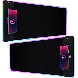 Macarrie 2 Pcs Charging Mouse Pad Cool Mouse Pad with 15w 31.5 x 11.8 x 0.2'' Fast Charging Extended Large LED Gaming Mousepad RGB Mouse Pad Non Slip Wireless Keyboard Pad for Office Desks