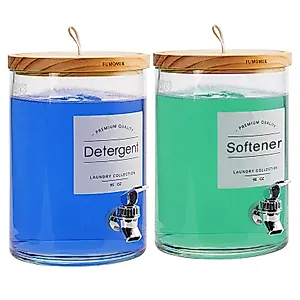 2 Pack Laundry Detergent Dispenser Glass Liquid Laundry Detergent Dispenser with Spout Laundry soap Dispenser with Labels Fabric Softener Dispenser