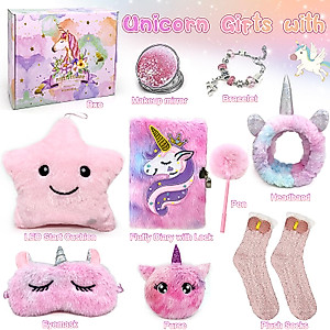 Lobimelan Unicorns Gifts for Girls Toys 6 7 8 9 10 Year Old Tie-Dye Playset Includes Star Stuffed Mirror Diary Eyemask Headband Purse Pen Bracelet and Sock