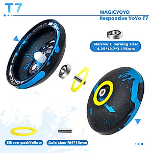 Responsive Yoyo for Kids , Aluminum Metal Beginner Yoyos with Narrow C Yoyo Bearing and Extra 5 Yoyo Strings + Yoyo Bag+ Yoyo Glove (Yoyo T7 Black&Blue)