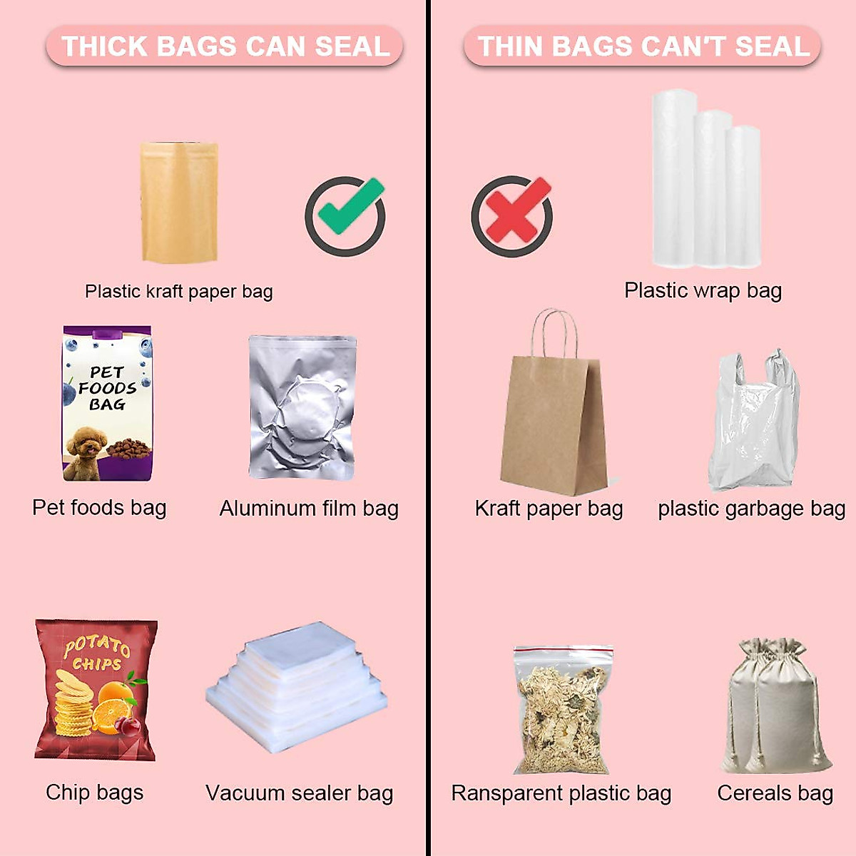 Bag Sealer Heat Seal Chip Bag Sealer Handheld Heat SealerClips Kitchen Gadgets Food Sealer Bag Resealer for Heat Sealing Machine for Chip Bags Snack Bags Plastic Bags Sealer Bags for Food(Pink)