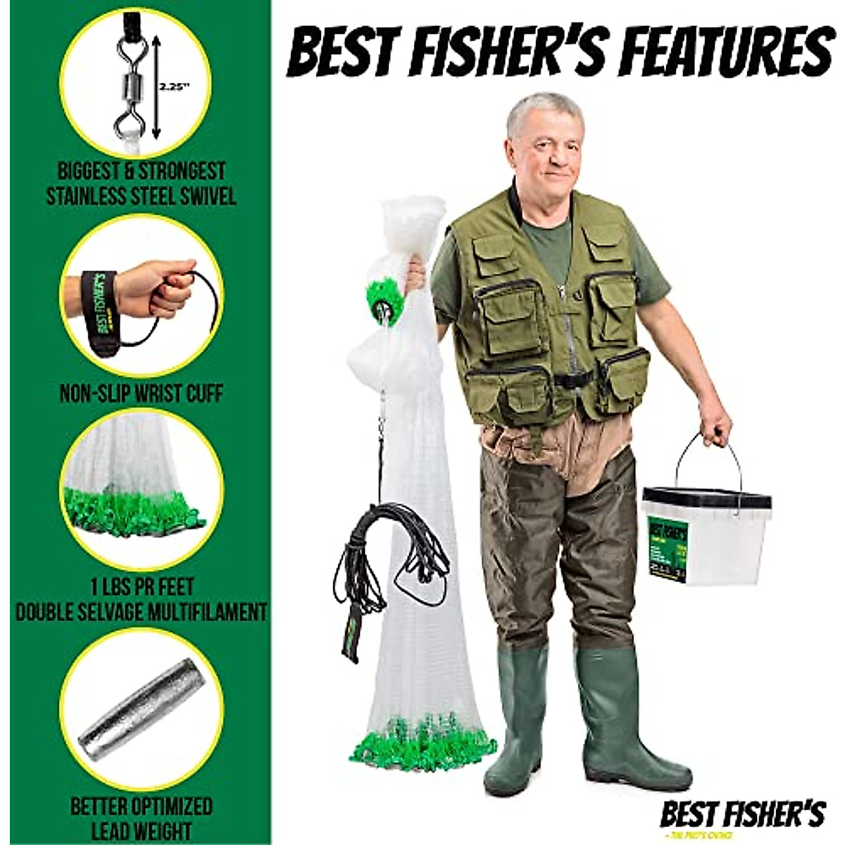 American Pro Cast Net (6-ft) - 4ft/6ft/8ft/10ft/12ft - 3/8" Mesh - Real Lead 1-lbs/ft Double Line - 2024 Upgraded & Optimized - Old Salt Premium Cast Nets for Fishing- E-Book & Utility Box Included