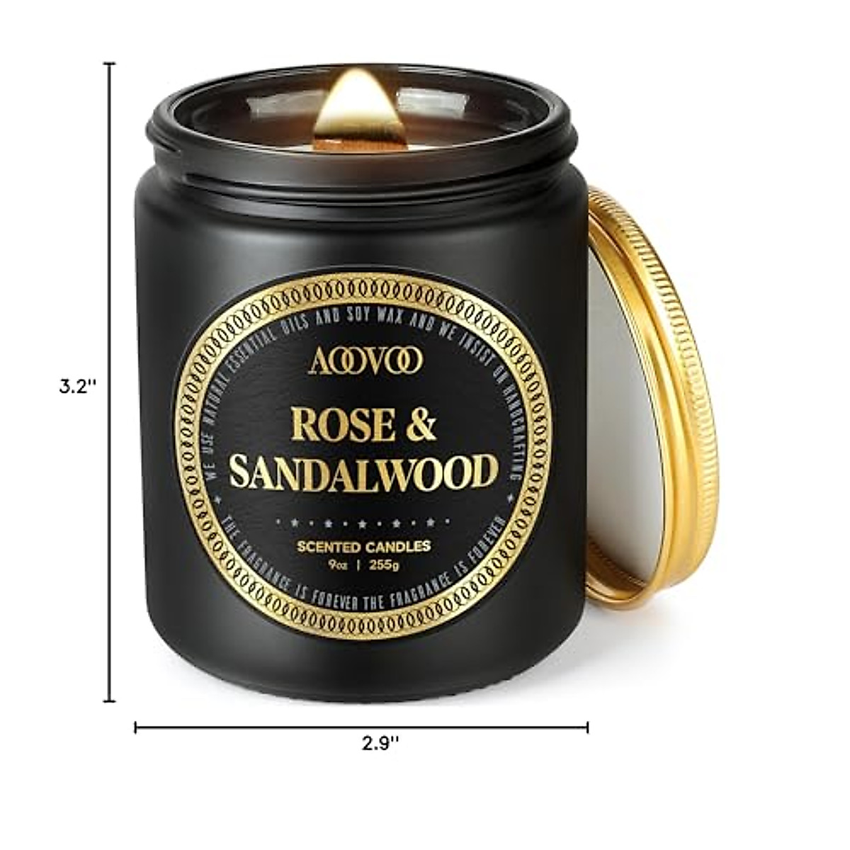 AOOVOO Scented Candles for Men - Rose & Sandalwood Candles for Home Scented | Crackling Wood Wick Soy Candles | Strong Fragranced Masculine Black Candle Gift for Women & Men, 9oz