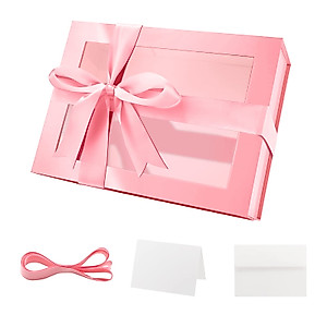PACKQUEEN Pink Gift Box with Window, 9x6.5x3.8 Inches, Valentine's Day Clear Gift Box for Present Contains Ribbon, Card, Bridesmaid Proposal Box, Gift Box with Magnetic Lid (Glossy Pink)