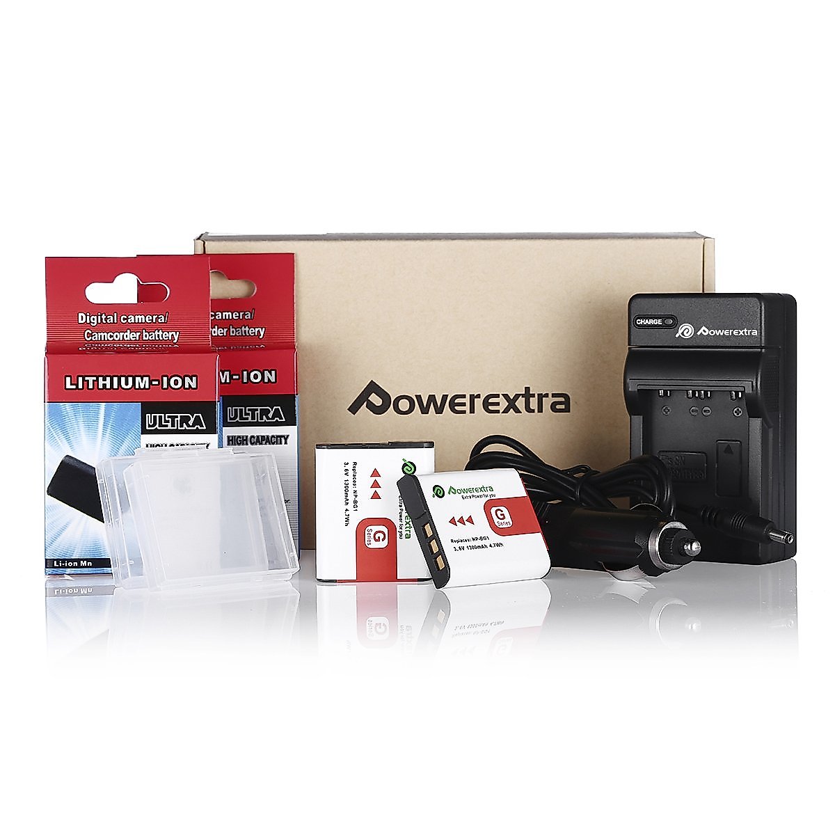 NP-BG1 Powerextra 2 Pack Battery with Charger for Sony NP-BG1 Type G Battery and Cyber-Shot DSC-H3 DSC-H7 DSC-H9 DSC-H10 DSC-H20 DSC-H50 DSC-H55 DSC-H70 DSC-H90 DSC-HX5V DSC-HX7V DSC-HX9V DSC-HX10V
