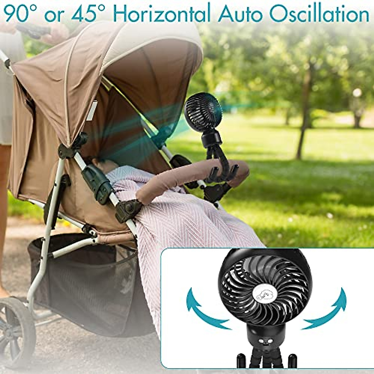 Auto Oscillating Stroller Fan, Portable Fan - 4200 mAh Rechargeable Battery Operated Fan, Small USB Fan Handheld Personal Fan, 3 Speeds Powerful Airflow for Stroller, Crib, Bike, Treadmill, Desktop