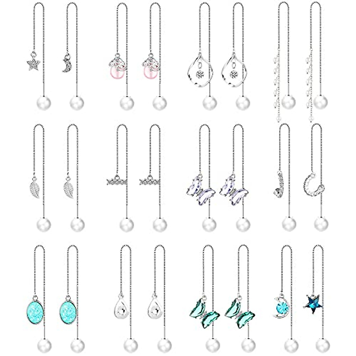 12 Pairs Threader Earrings Set Lightweight Wave Threader Dangle Drop Earrings Long Chain Earrings for Women Girls (Silver)