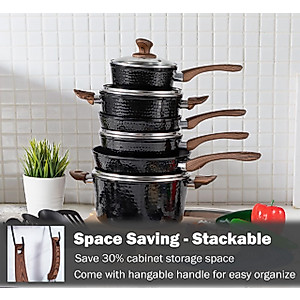 Kitchen Academy Induction Cookware Sets - 15 Pcs Black Hammered Cooking Pans Set, Healthy Granite Nonstick Pots and Pans Set