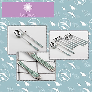 BALWOO [Made in Korea] Goryeo Celadon Design Korean Table Sticky Rice Spoon and Chopsticks 430 Stainless Steel Glossy Surface Mukbang Cutlery (Blue)