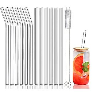 Glass Straws,12-Pack Reusable Glass Drinking Straws, Size 8.5''x10 MM, Including 6 Straight and 6 Bent with 2 Cleaning Brush, Clear Glass Straws Reusable