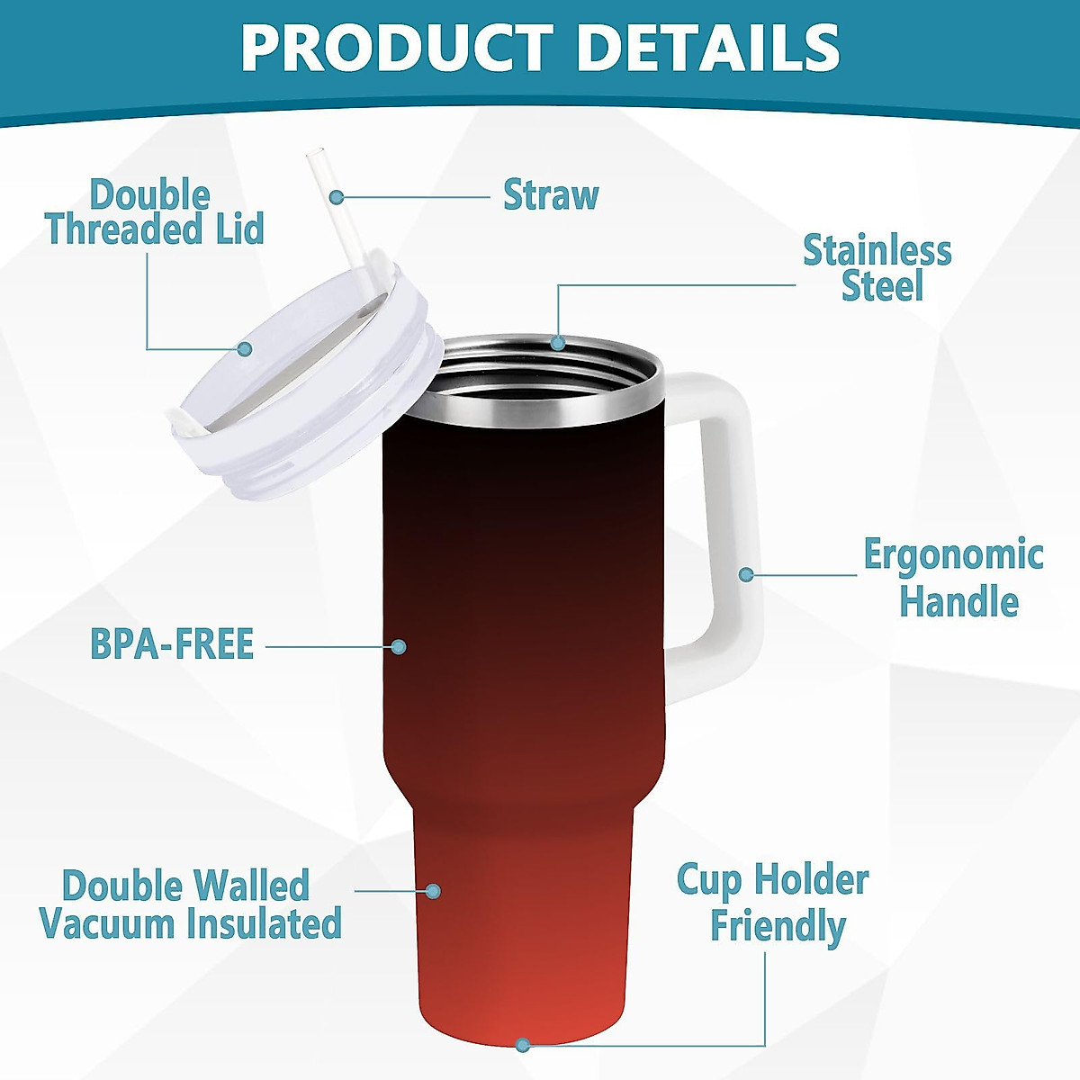 MCHIVER Black Red Gradient 30 oz Tumbler with Handle and Straw Stainless Steel Vacuum Water Bottle Leak-proof Travel Coffee Mug Insulated Cup for Car Office Home