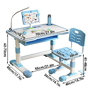 pofluany Height Adjustable Kids Desk and Chair Set, Kids Functional Desk and Chair Set for Kids, Children Study Desk, Study Table for Kids Boys Girls School Study Table for Writing Reading Blue
