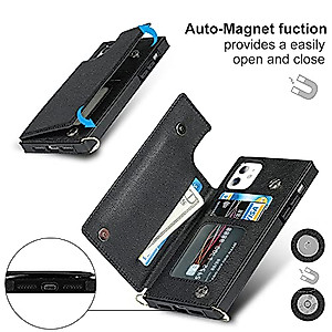 DEFBSC Compatible with iPhone 12 iPhone 12 Pro Case, Crossbody Wallet Case, Adjustable Detachable Lanyard Neck Strap with Kickstand Leather Card Holder Protective Cover-Black