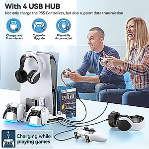 PS5 Stand and Cooling Station with RGB LED Controller Charging Station for Playstation 5 Console, 2H Fast PS5 Controller Charger, PS5 Accessories with 3-Level Cooling Fan, Headset holder, 3 USB Hub