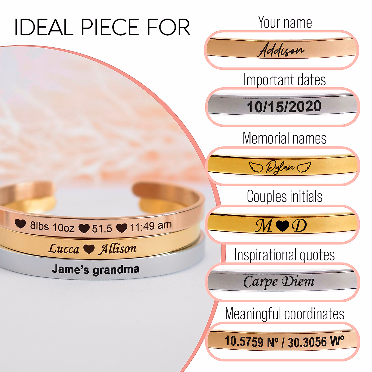 MIA·MIA Personalized Bracelets for Women, Custom Inspirational Engraved Names, Dates & Messages Cuff Bangles