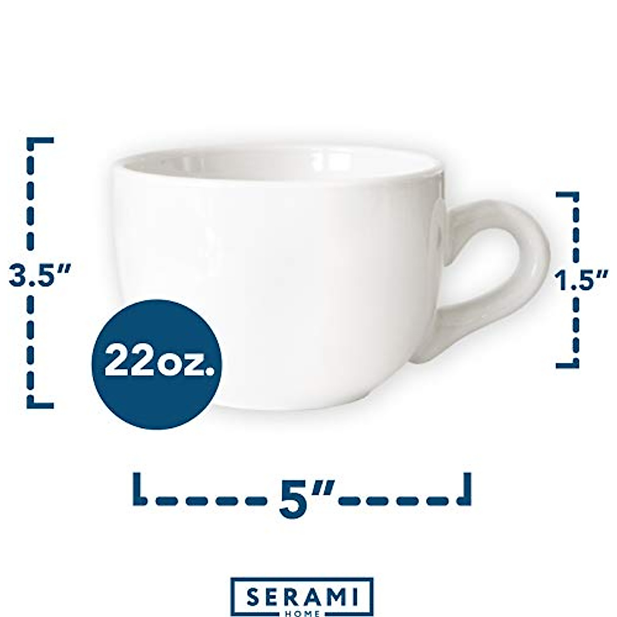 Serami 22oz White Ceramic Large Soup or Cappuccino Bowl Mugs with Thick Walls, Set of 4