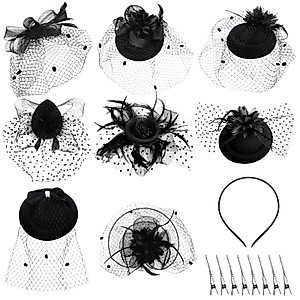 Geyoga 8 Pcs Black Funeral Hat with Veil Fascinators Hats Women Feather Pillbox Hat for Halloween Tea Party Costume