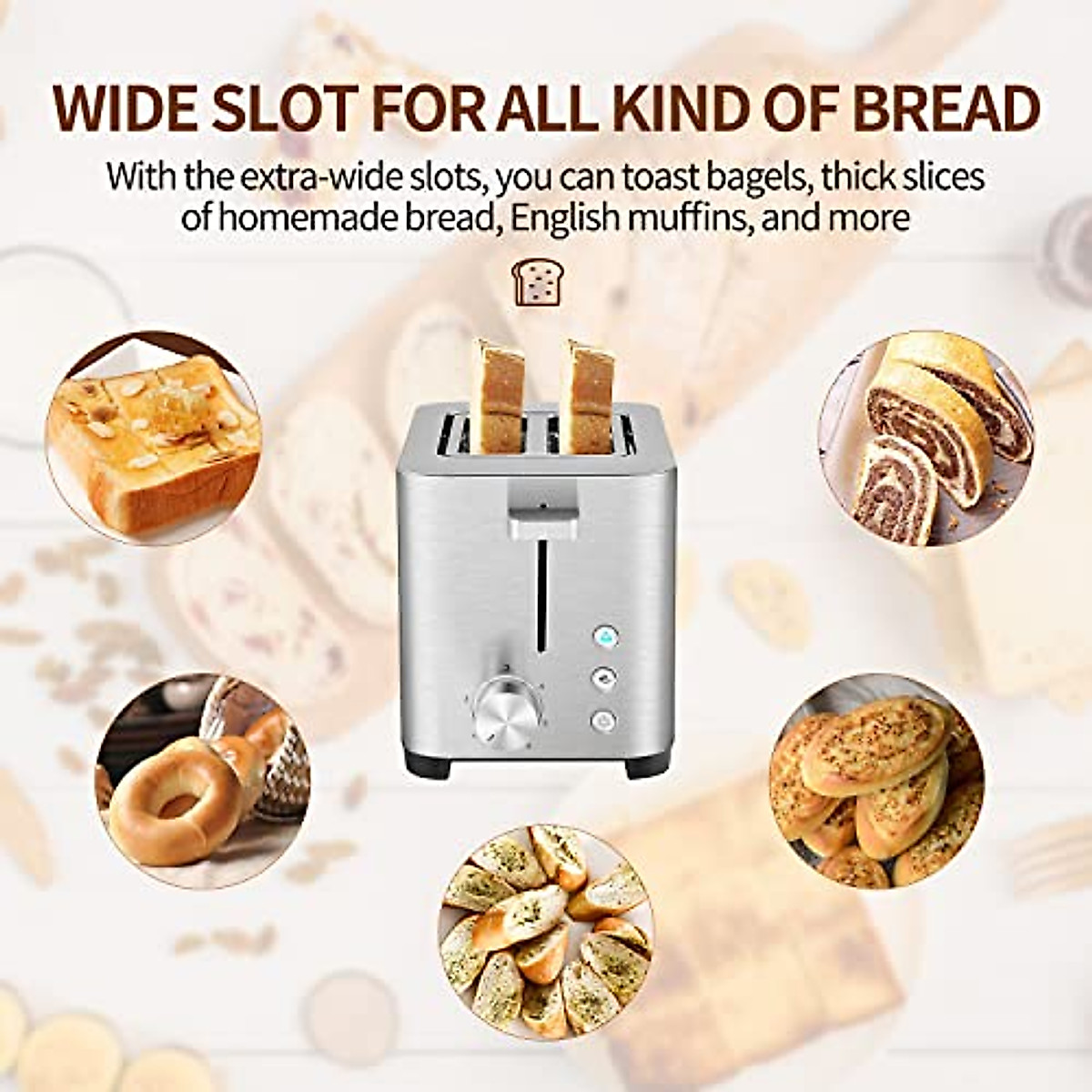 Kikiwell Toaster 2 Slice, Stainless Steel Bread Toasters, Extra Wide Slots, 6 Bread Shade Settings, Bagel/Defrost/Cancel Function, Removable Crumb Tray, 120V/850W (2 Slice)