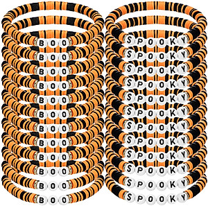 Yinkin 24 Pcs Spooky Boo Halloween Bracelets Polymer Clay Beaded Stretch Bracelets Letter Boho Halloween Jewelry for Women Halloween Party Favors for Family Friend Accessory Gift(Orange and Black)