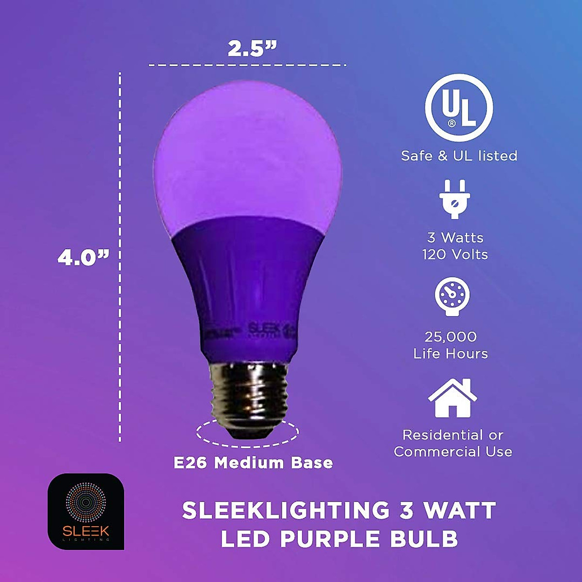 SLEEKLIGHTING Purple Light Bulb A19 LED, 120 Volt - 3-Watt Outdoor Light Bulbs- Medium Base - UL-Listed Purple LED Light Bulb- Lasts More Than 20,000 Hours 4pack