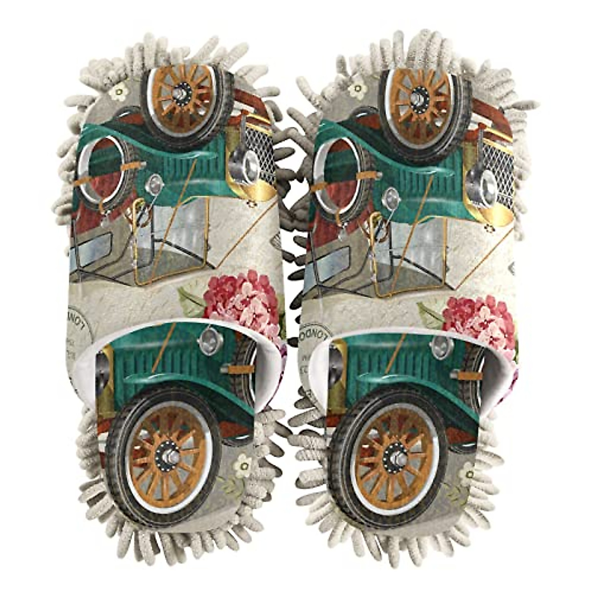 Retro Car Flower Butterfly Mop Slippers Shoes Cover for Floor Cleaning Washable Hair Dust Dirty Cleaners Microfiber Mop Socks for House Office Kitchen