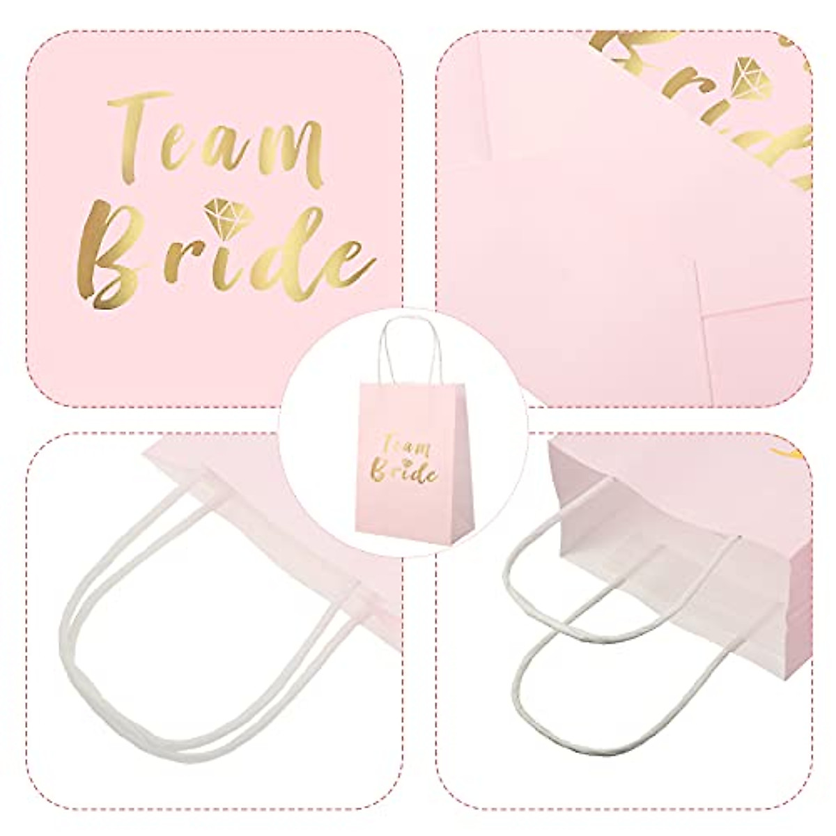 Outus 12 Pieces Team Kraft Bride Gift Bag Bridesmaid Gift Bag Wedding Bride Handles Paper Bag with 12 Pieces Tissue Paper for Wedding Bridal Party, Pink, Gold Letter(3 x 6 x 8 Inch)