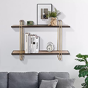 Oakrain Floating Shelves Wood, 32" Industrial Wall Shelves with Metal Frame for Bedroom, Living Room, Bathroom, Kitchen, Bar, Gold