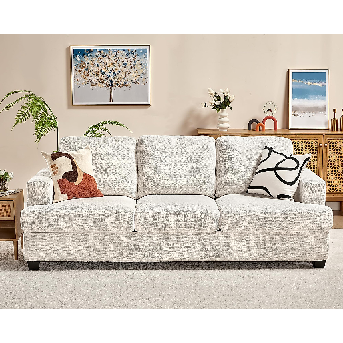 papababe Sofa, 3 Seater Modern Couches with Extra Deep Seats, 89 Inch Wide Comfy Couches for Living Room, Bedroom and Office (Chenille, Beige)