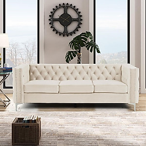Morden Fort Couches for Living Room, 85“Beige Morden Sofa with Button Tufted, Nailhead Trim, 3-Seater Velvet Sofa for Apartroom, Bedroom, Office