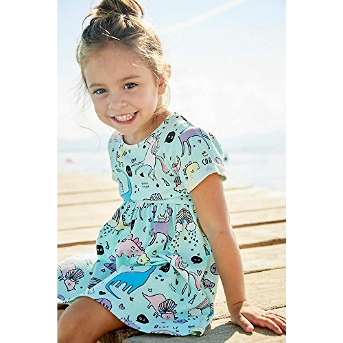 Toddler Girl's Dinosaur Summer Dresses Clothes,Short Sleeve Casual Outfits 4t Blue