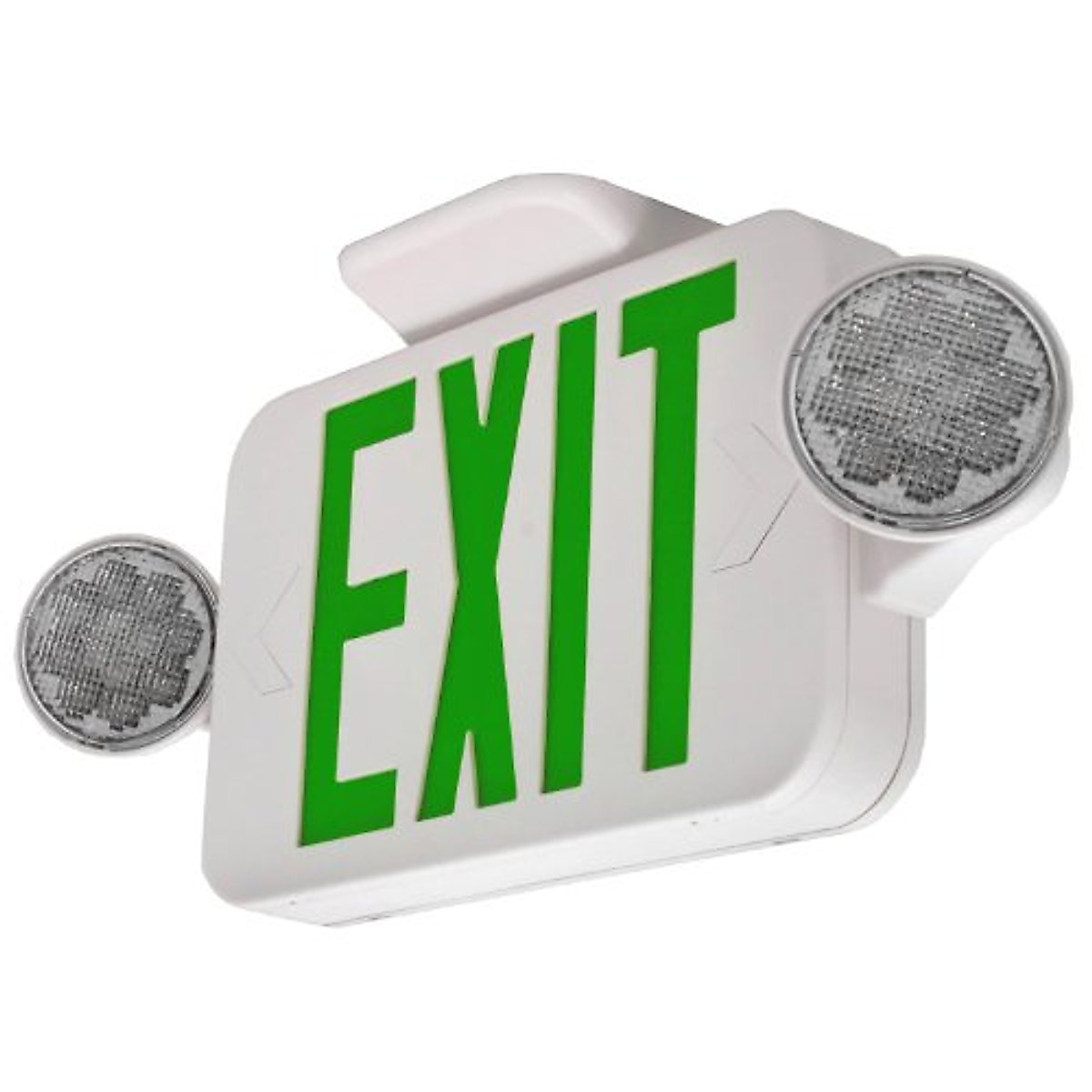LFI Lights | Combo Green Exit Sign with Emergency Lights | White Housing | All LED | Two Adjustable Round Heads | Hardwired with Battery Backup | UL Listed | (2 Pack) | COMBOJR2-G
