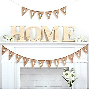 2 Pcs Happy Easter Garland Burlap Banners, Rustic Burlap Bunny Garland for Spring Easter Decorations Farmhouse Fireplace Home Office School Outdoor Party Hanging Decor