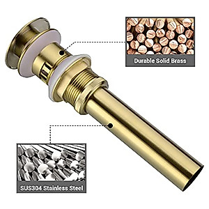 Pop Up Drain with Detachable Basket Stopper, Brass Overflow Bathroom Faucet Sink Drain with Built-in Anti-Clogging Strainer, Brushed Gold