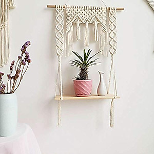 BLUETTEK Macrame Wall Hanging Shelf, Wood Floating Hanging Storage Shelf Organizer Hanger, Handmade Cotton Rope Bohomia Woven Home Wall Decor (Diamond)