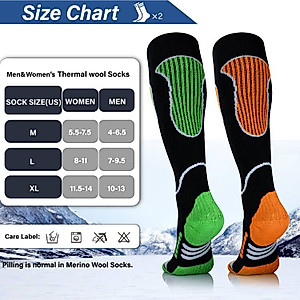 Merino Wool Ski Socks 2 Pairs, Thermal Knee High Warm Socks for Snowboarding, Hiking, Cold Weather, Snow, Hunting