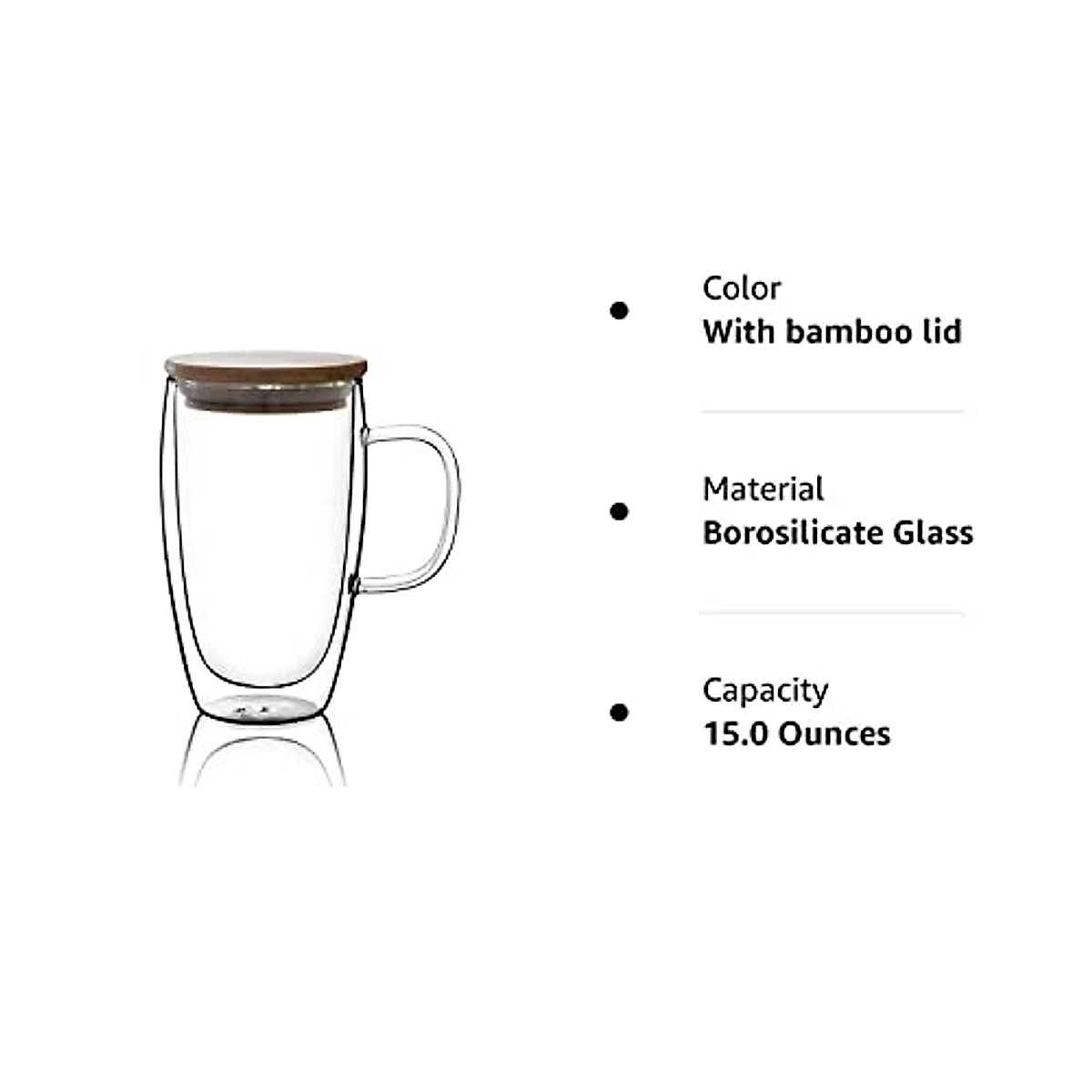 15 Oz Double Walled Coffee Cups Glass Coffee Mugs Clear Coffee Mug with Lid Insulated Coffee Mug Perfect for Cappuccino,Tea,milk ,Espresso,juice, Hot Beverage with Handle (15oz, with bamboo lid)
